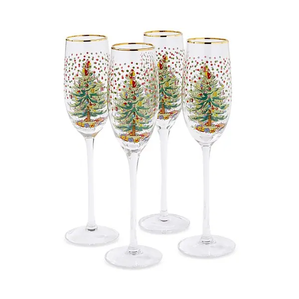 SPODE Christmas Tree Polka Dot Champagne Flute, Set Of 4 - Green