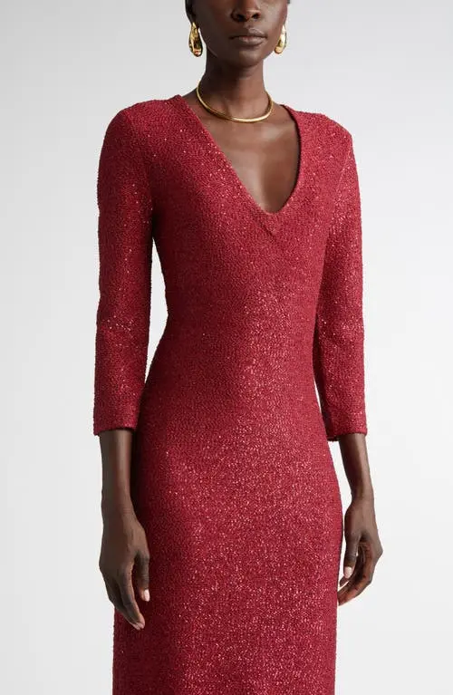 John Sequin Metallic V-Neck Knit Gown In Haute Red 60% Off