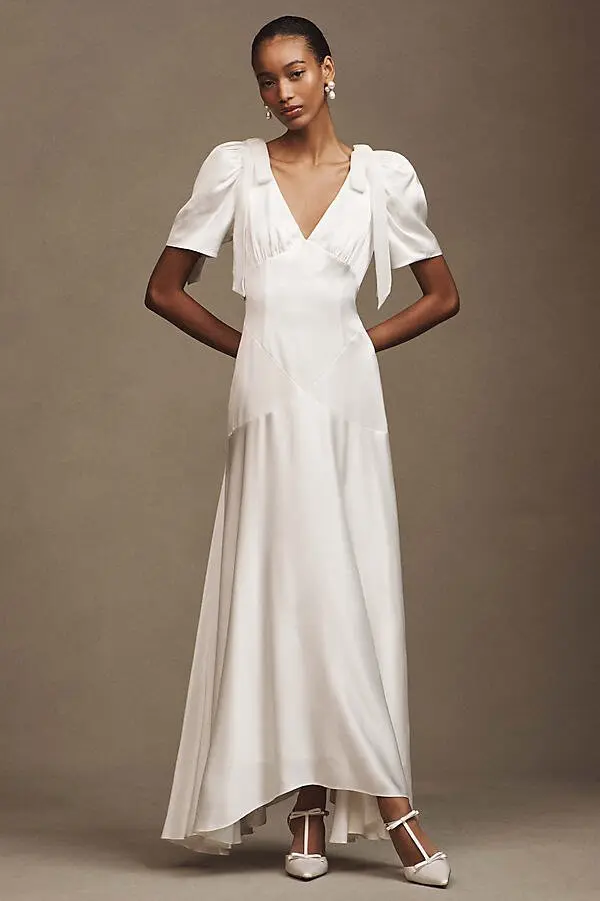 Mare Mare V-Neck Bow Flutter-Sleeve Velvet Slip Dress - White | Editorialist