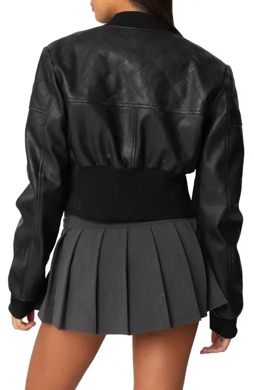 EDIKTED Crop Faux Leather Bomber Jacket