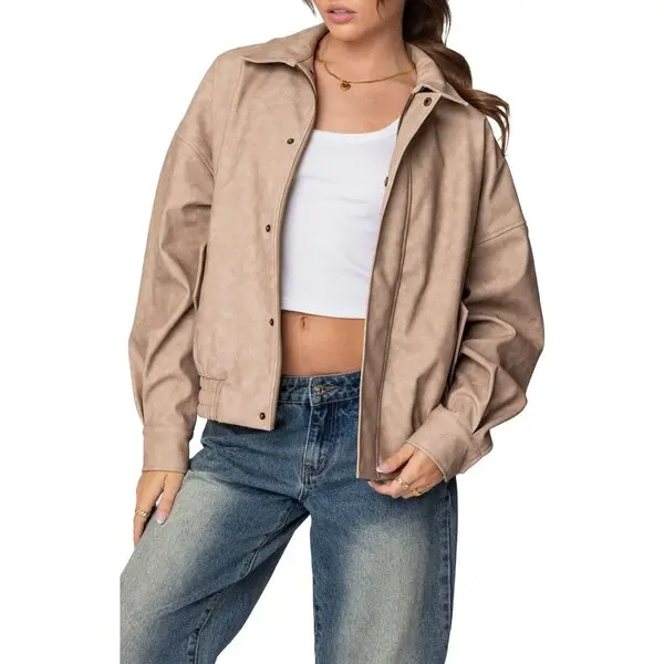 EDIKTED Mori Oversize Faux Leather Jacket - Beige