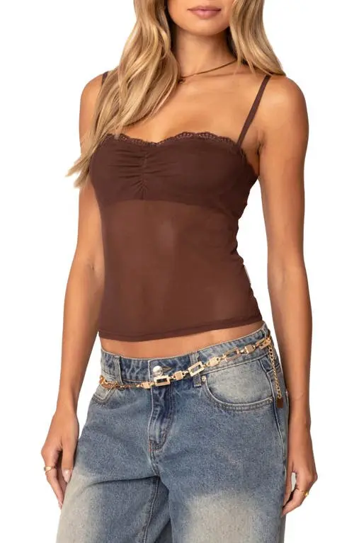 EDIKTED Elina Sheer Mesh Bra Top - Brown