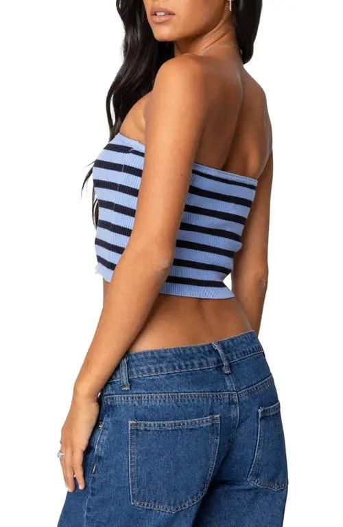 EDIKTED Lexi Stripe Ribbed Crop Tube Top - Blue