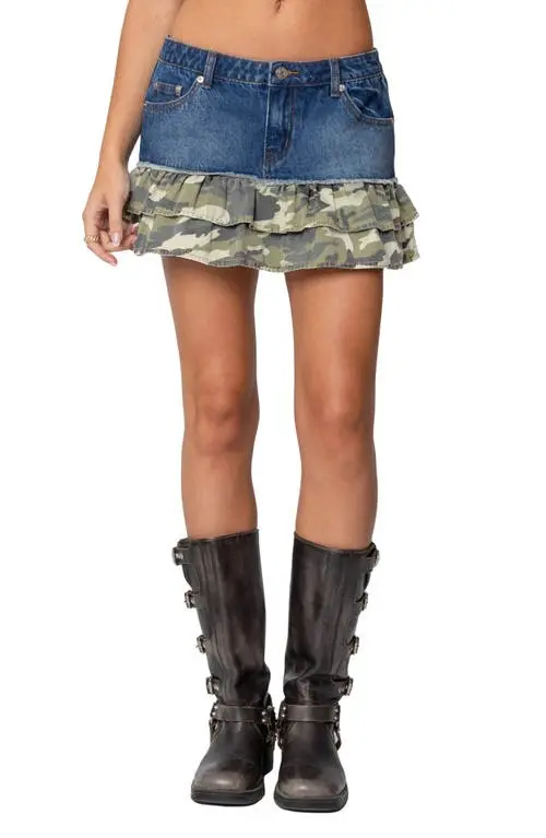 EDIKTED Camo Ruffle Denim Miniskirt