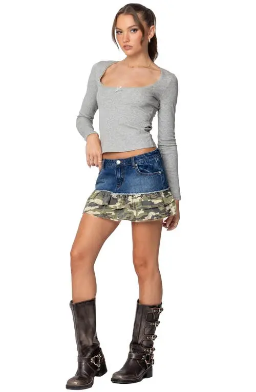 EDIKTED Camo Ruffle Denim Miniskirt