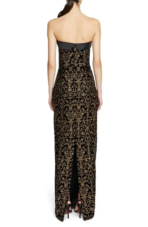 Theia Winona Beaded Tapestry Column Gown - Black/Gold | Editorialist