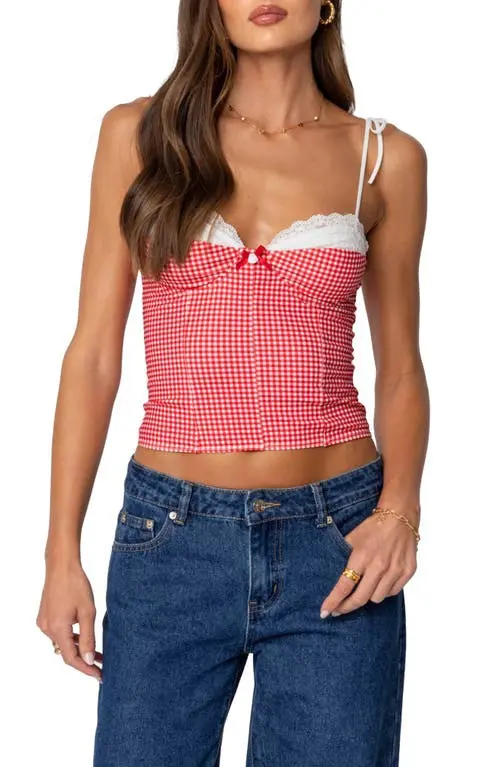 EDIKTED Peekaboo Lacy Gingham Corset Top