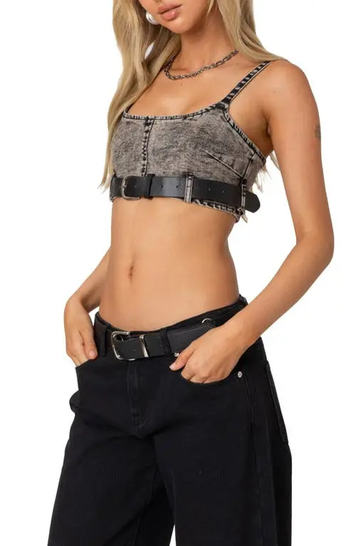 EDIKTED Belted Denim Crop Top