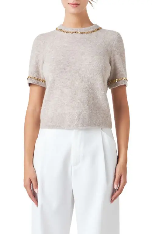 Endless Rose Paillette Trim Short Sleeve Sweater - Taupe