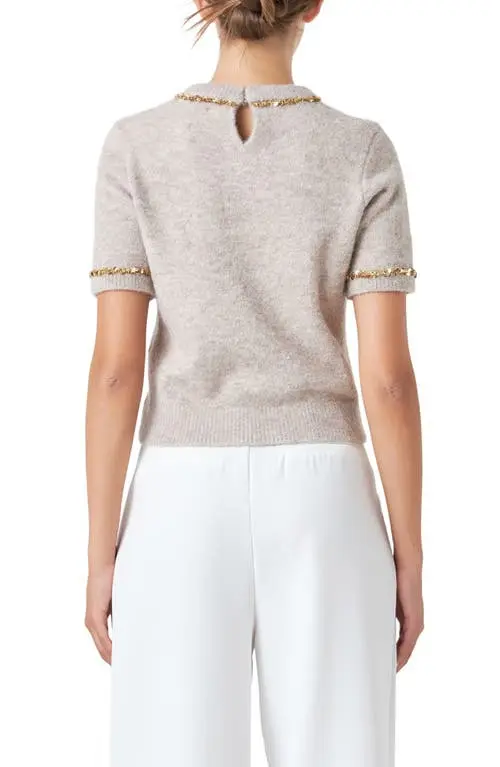 Endless Rose Paillette Trim Short Sleeve Sweater - Taupe