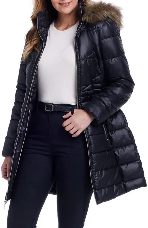 Gallery Water Resistant Puffer Coat With Faux Fur Trim And Removable Hood - Black