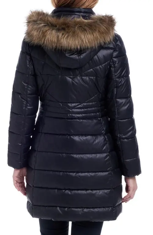 Gallery Water Resistant Puffer Coat With Faux Fur Trim And Removable Hood - Black