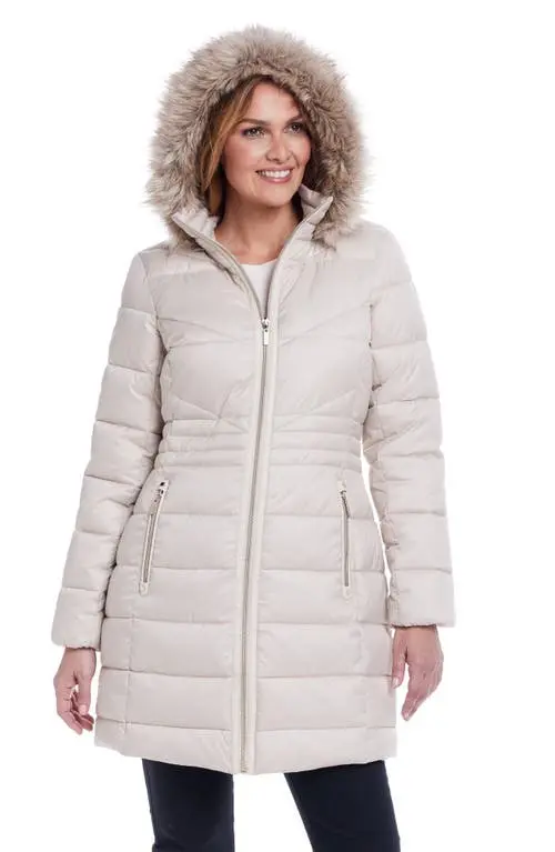 Gallery Water Resistant Puffer Coat With Faux Fur Trim And Removable Hood