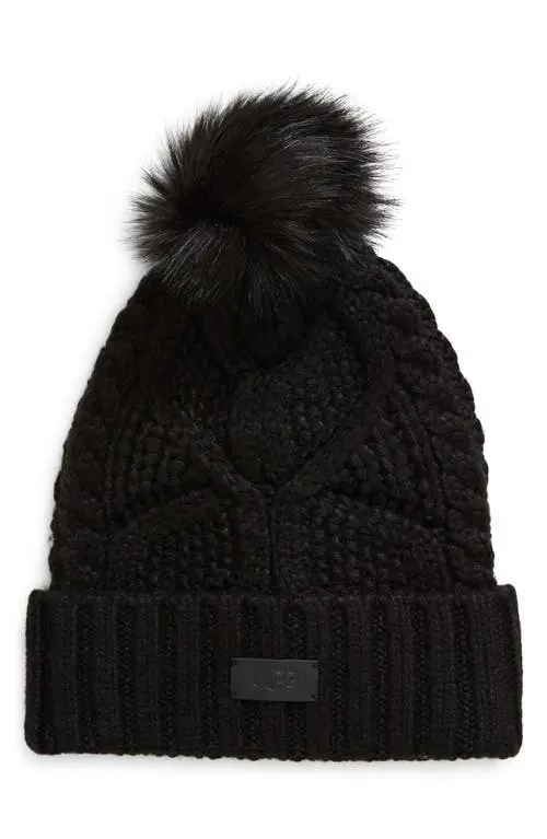 UGG Faux Fur Pompom Cable Knit Beanie - Black
