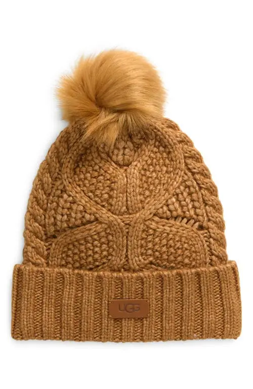 UGG Faux Fur Pompom Cable Knit Beanie - Chestnut