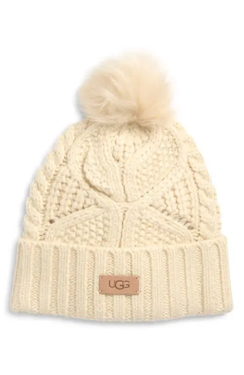 UGG Faux Fur Pompom Cable Knit Beanie - Cream