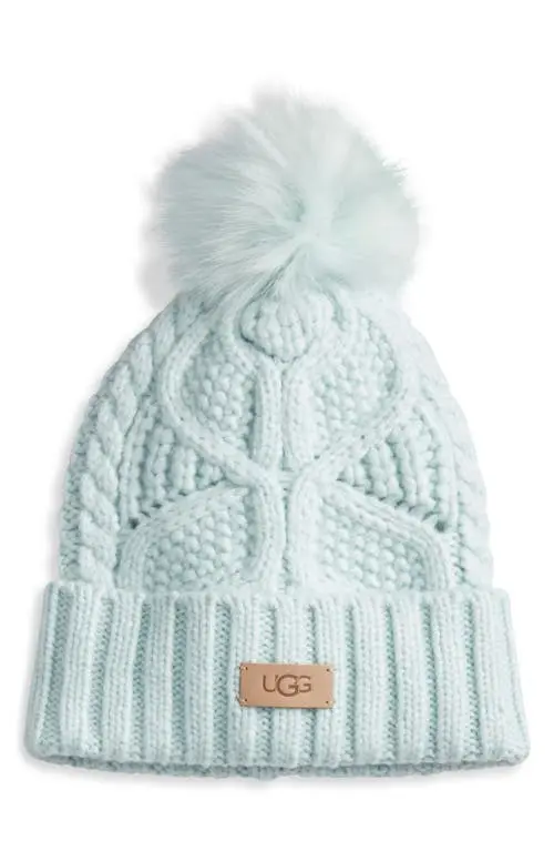 UGG Faux Fur Pompom Cable Knit Beanie - Fountain