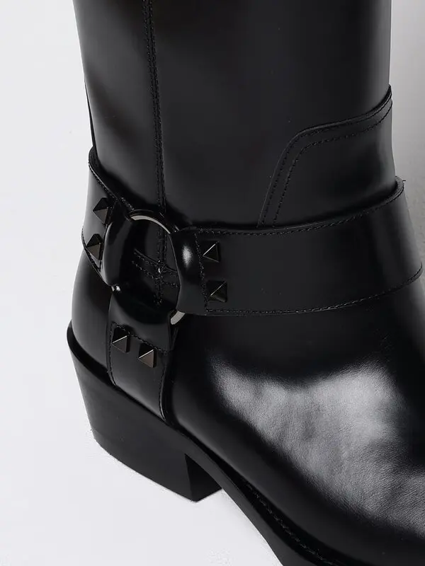 Valentino Garavani Leather Studded Buckle Knee High Boots
