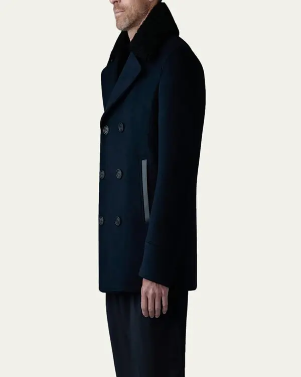 Mackage Cole Wool Pea Coat With Shearling Collar - Navy