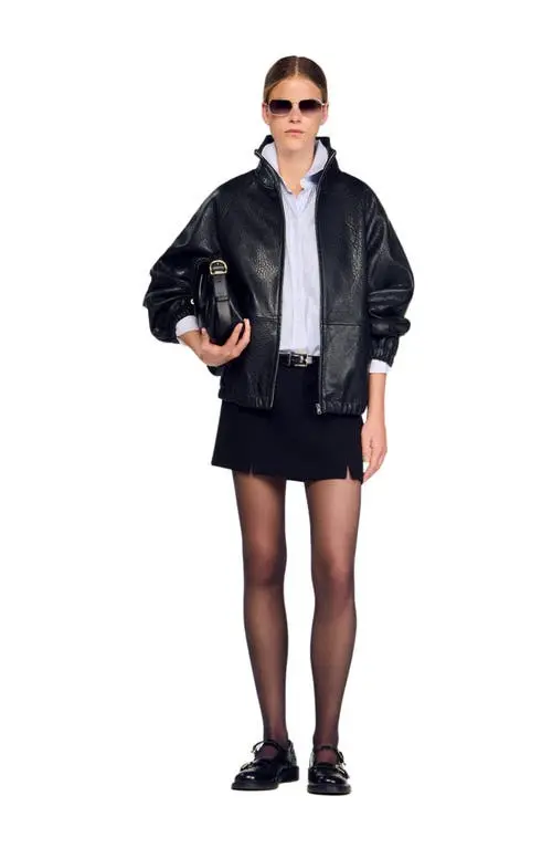 Sandro Oversized Leather Jacket - Black