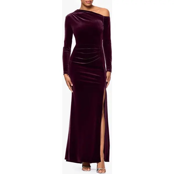 Betsy & Adam One-shoulder Long Sleeve Velvet Gown - Maroon