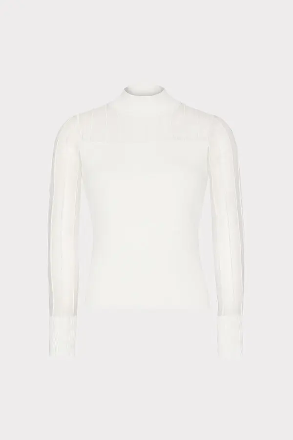MILLY Krissy Sheer Knit Mockneck Long Sleeve Top - Ecru