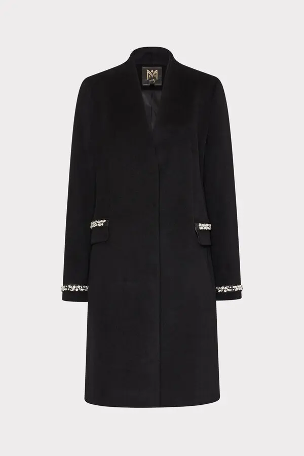 MILLY Embellished Trim Long Coat