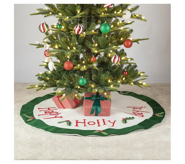 GLITZHOME 48' Christmas Dimensional Holly Leave S Tree Skirt - One-color