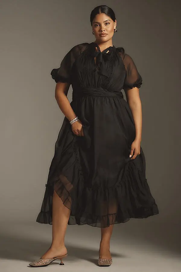 Mac Duggal Plus Short-Sleeve Ruffled Chiffon Midi Dress In Black - 40% Off  | Editorialist