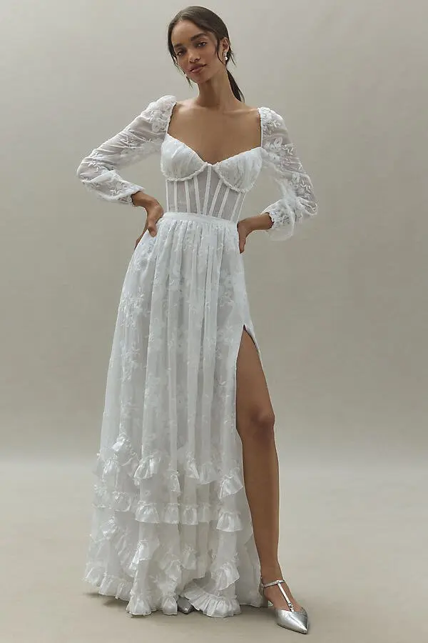 V. Chapman Carmella Long-Sleeve Ruffled Chiffon Maxi Dress In White - 30%  Off | Editorialist
