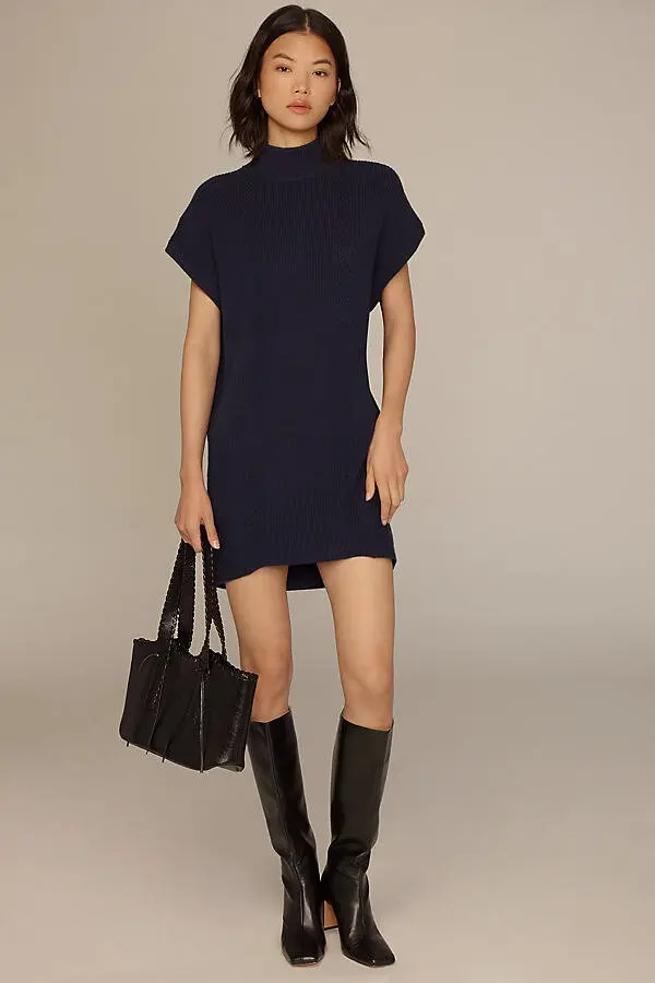 Anthropologie Short-Sleeve Mock-Neck Sweater Mini Dress In Blue - 37% Off |  Editorialist