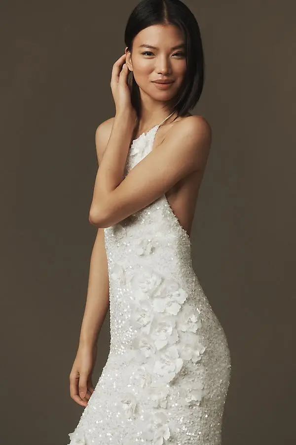 Helsi Brice Halter Sequin Column Maxi Dress In White - 29% Off |  Editorialist