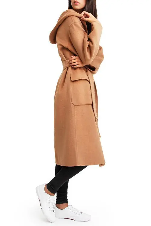 BELLE & BLOOM Runaway Wool Blend Robe Coat - Dark Camel