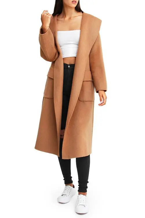 BELLE & BLOOM Runaway Wool Blend Robe Coat - Dark Camel