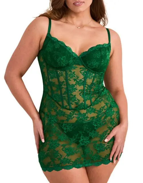 ADORE ME Brielle Babydoll & G-string Set Lingerie - Dark Green