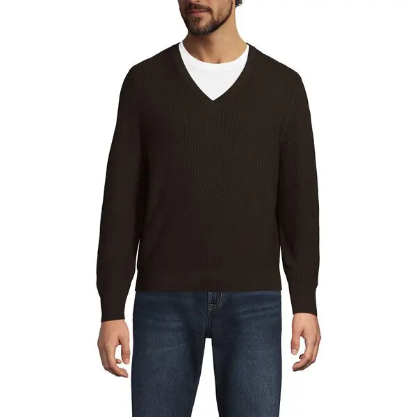 LANDS' END Long Sleeve Washable Merino Wool V-neck Sweater - Rich Coffee