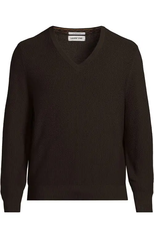 LANDS' END Long Sleeve Washable Merino Wool V-neck Sweater - Rich Coffee