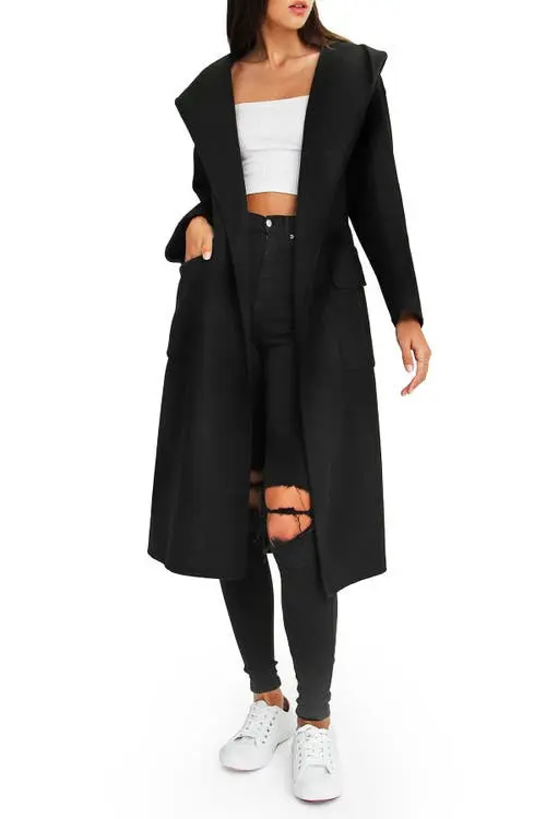 BELLE & BLOOM Wool Blend Robe Coat With Hood - Black