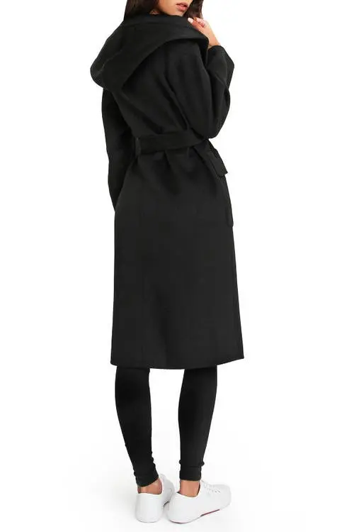 BELLE & BLOOM Wool Blend Robe Coat With Hood - Black