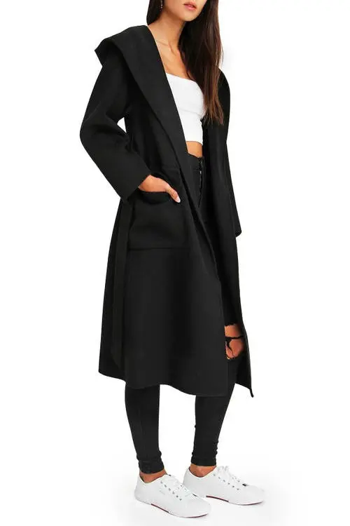 BELLE & BLOOM Wool Blend Robe Coat With Hood - Black