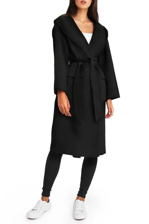 BELLE & BLOOM Wool Blend Robe Coat With Hood - Black
