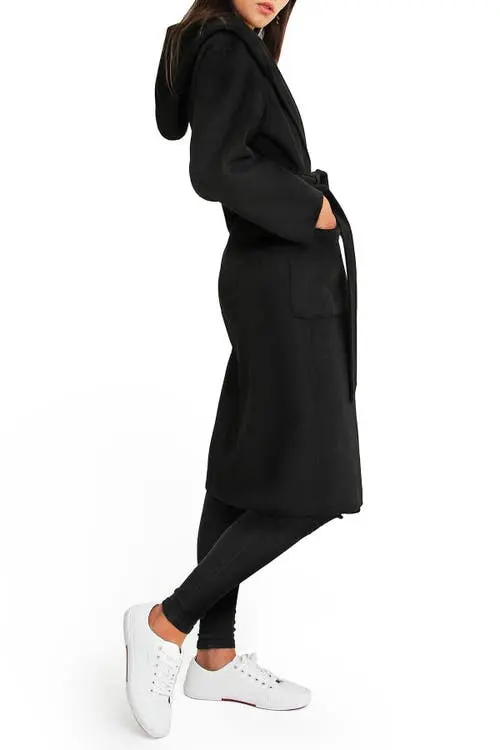 BELLE & BLOOM Wool Blend Robe Coat With Hood - Black