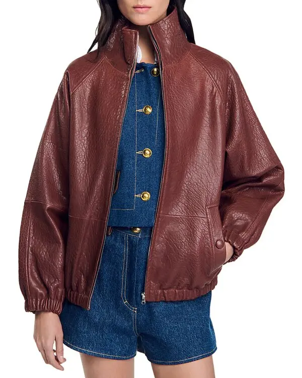 Sandro Jordan Leather Jacket Bordeaux 30% Off Editorialist