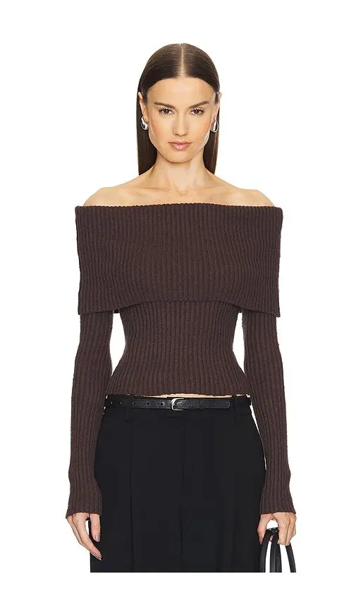 L'academie Off Shoulder Ribbed Knit Sweater - Chocolate Brown