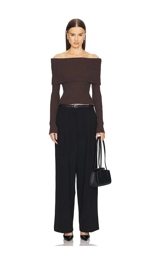 L'academie Off Shoulder Ribbed Knit Sweater - Chocolate Brown
