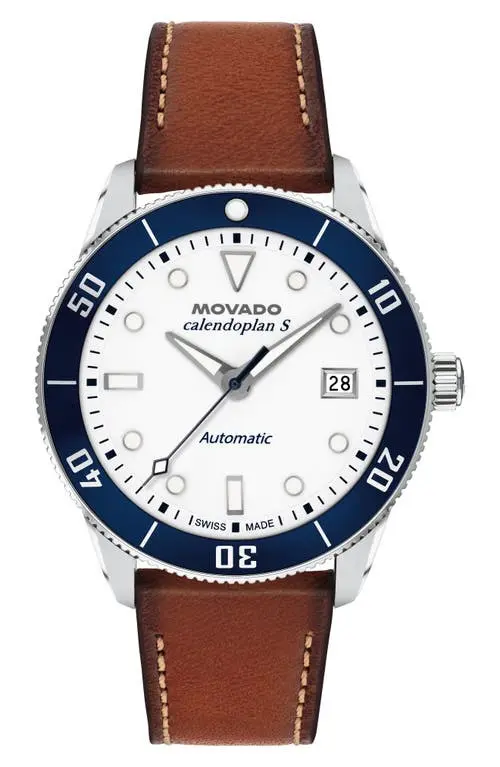 Movado Calendoplan Leather Strap Watch - White