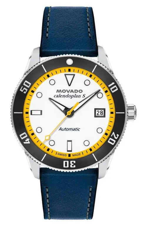 Movado Calendoplan Leather Strap Watch - White/blue