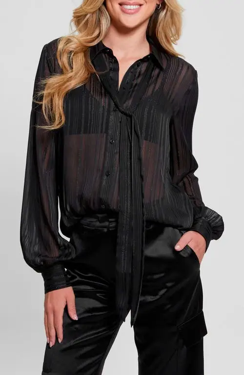 Guess Oriane Tie Neck Metallic Tonal Stripe Satin Button-up Shirt