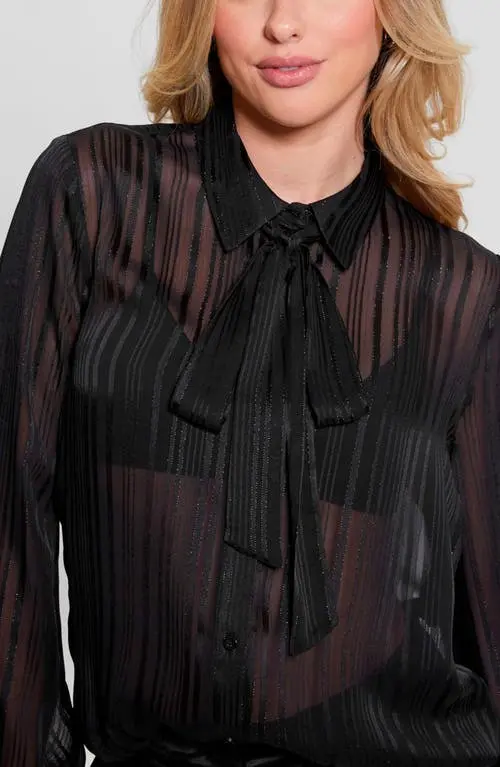 Guess Oriane Tie Neck Metallic Tonal Stripe Satin Button-up Shirt