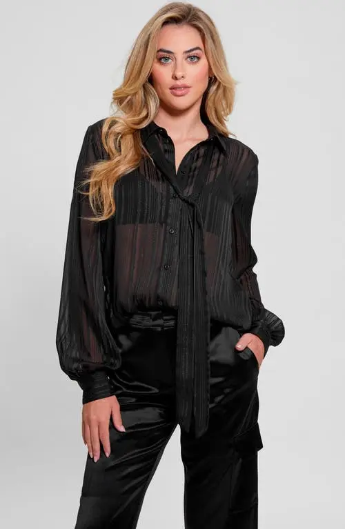 Guess Oriane Tie Neck Metallic Tonal Stripe Satin Button-up Shirt